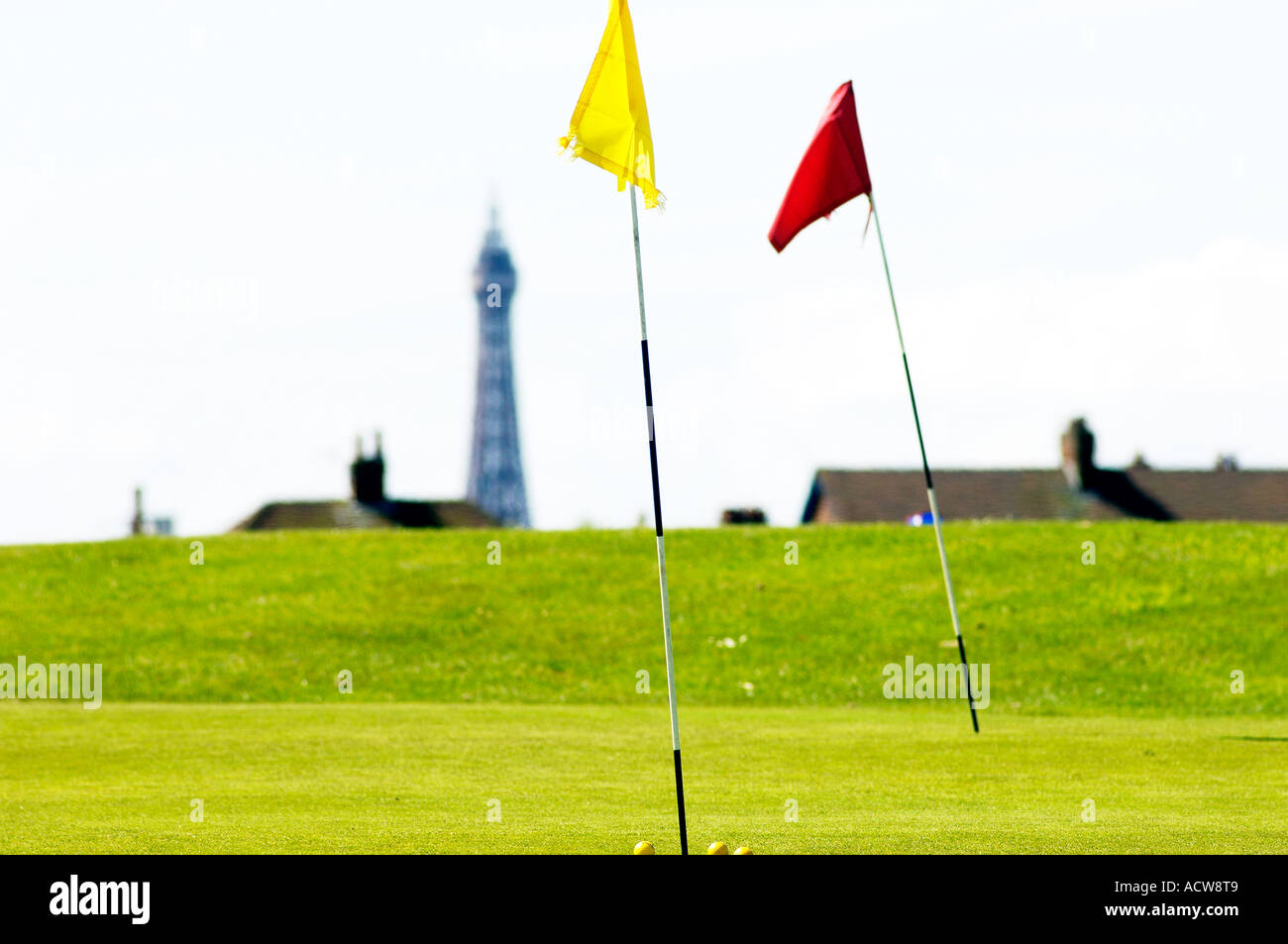 Golf course flags with Blackpool Tower in the background Stock Photo ...