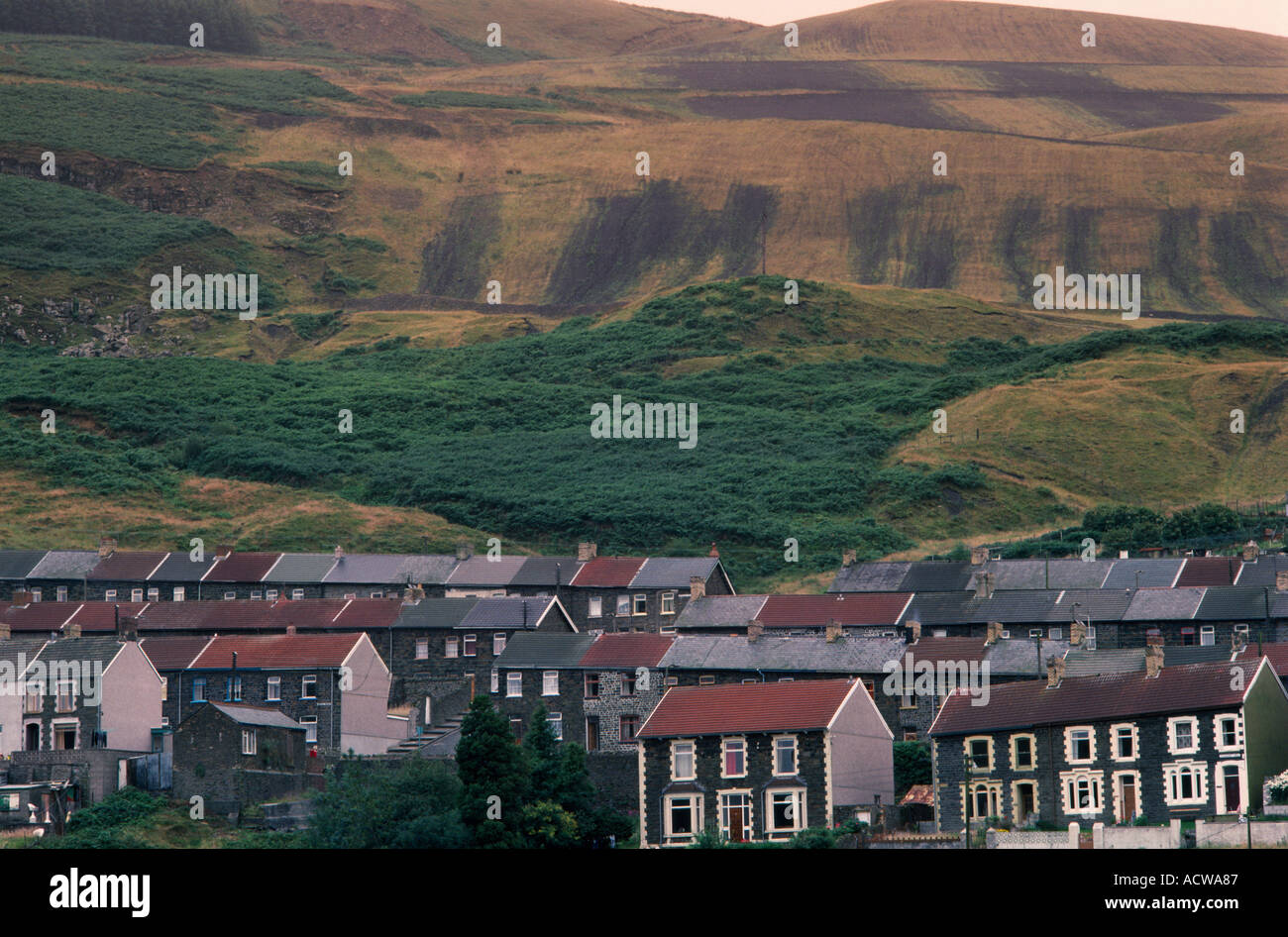A south Wales mining pit village in the Rhondda Valley in South Wales ...