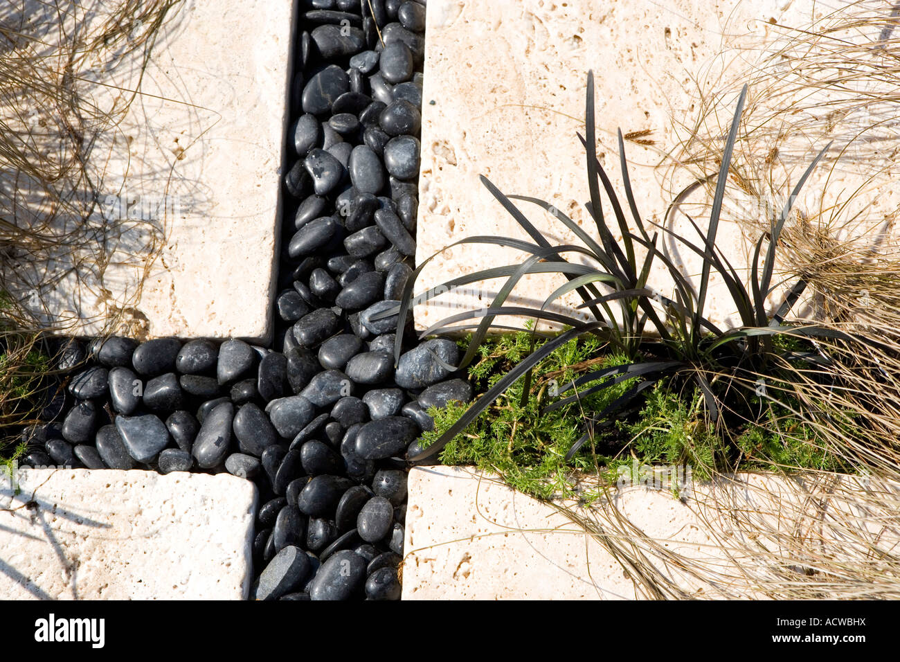 Black pebbles used to fill gap between paving flags Stock Photo - Alamy