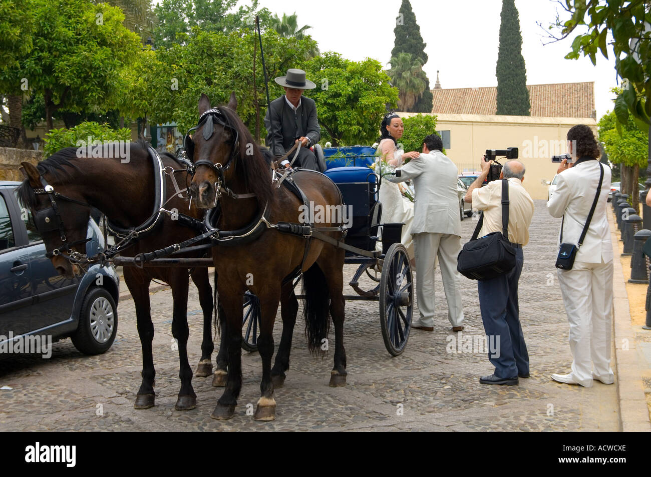 A bride and groom arriving by carriage for photographs in the gardens ...