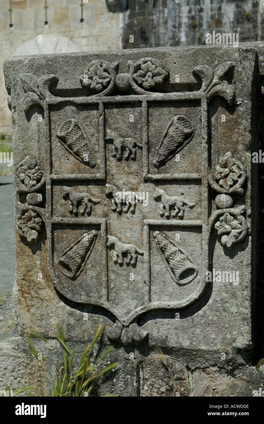 Stone shield at Butron Castle a 13th century medieval castle in the ...