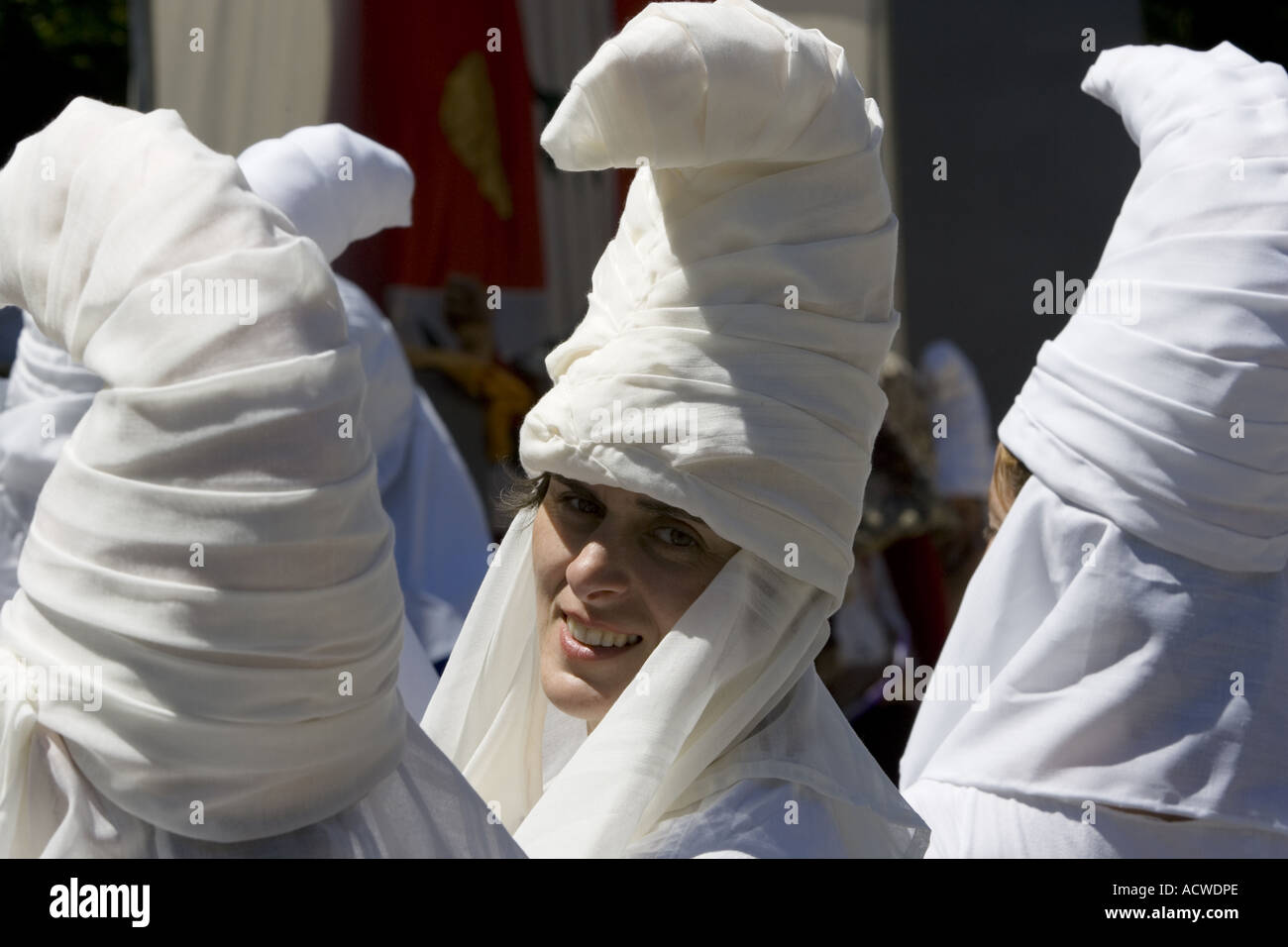Women wearing traditional Basque burukoa headdresses, Butron Castle ...