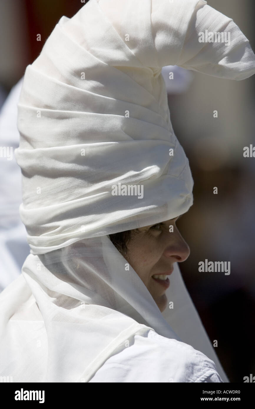 Woman wearing traditional Basque burukoa headdress, Butron Castle near ...