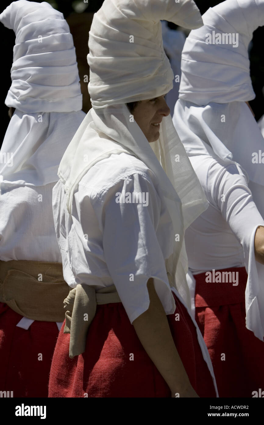 Three women wearing traditional Basque costume, Butron Castle near ...