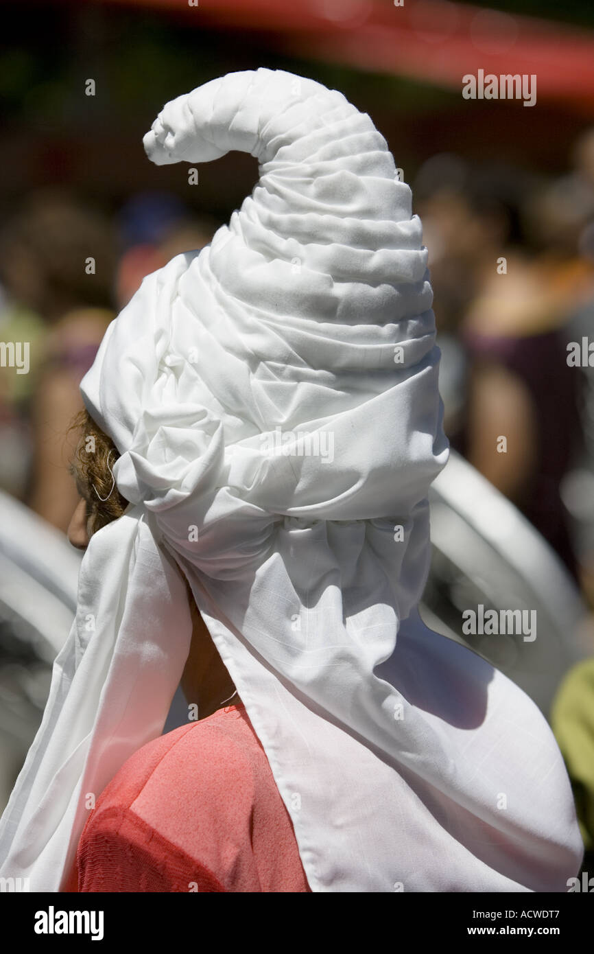 Woman wearing traditional Basque burukoa headdress, Butron Castle near ...