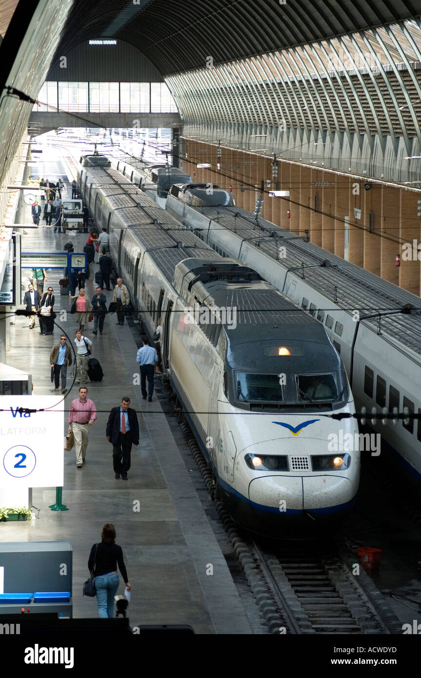 AVE high speed train in the railway station at Seville, Andalusia ...