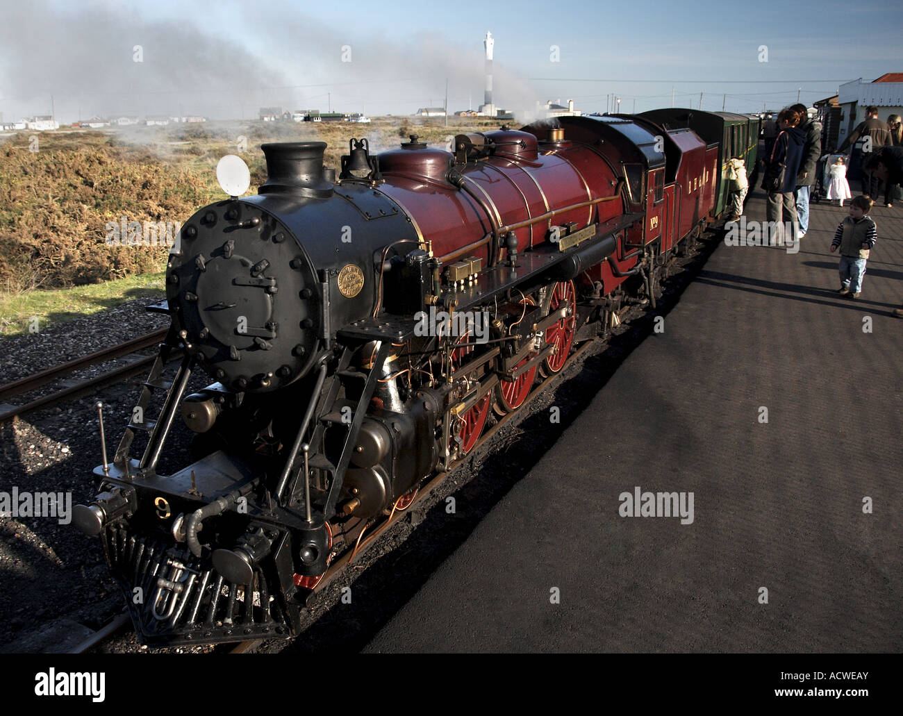Steam train at Dungeness station; Romney, Hythe & Dymchurch Railway ...