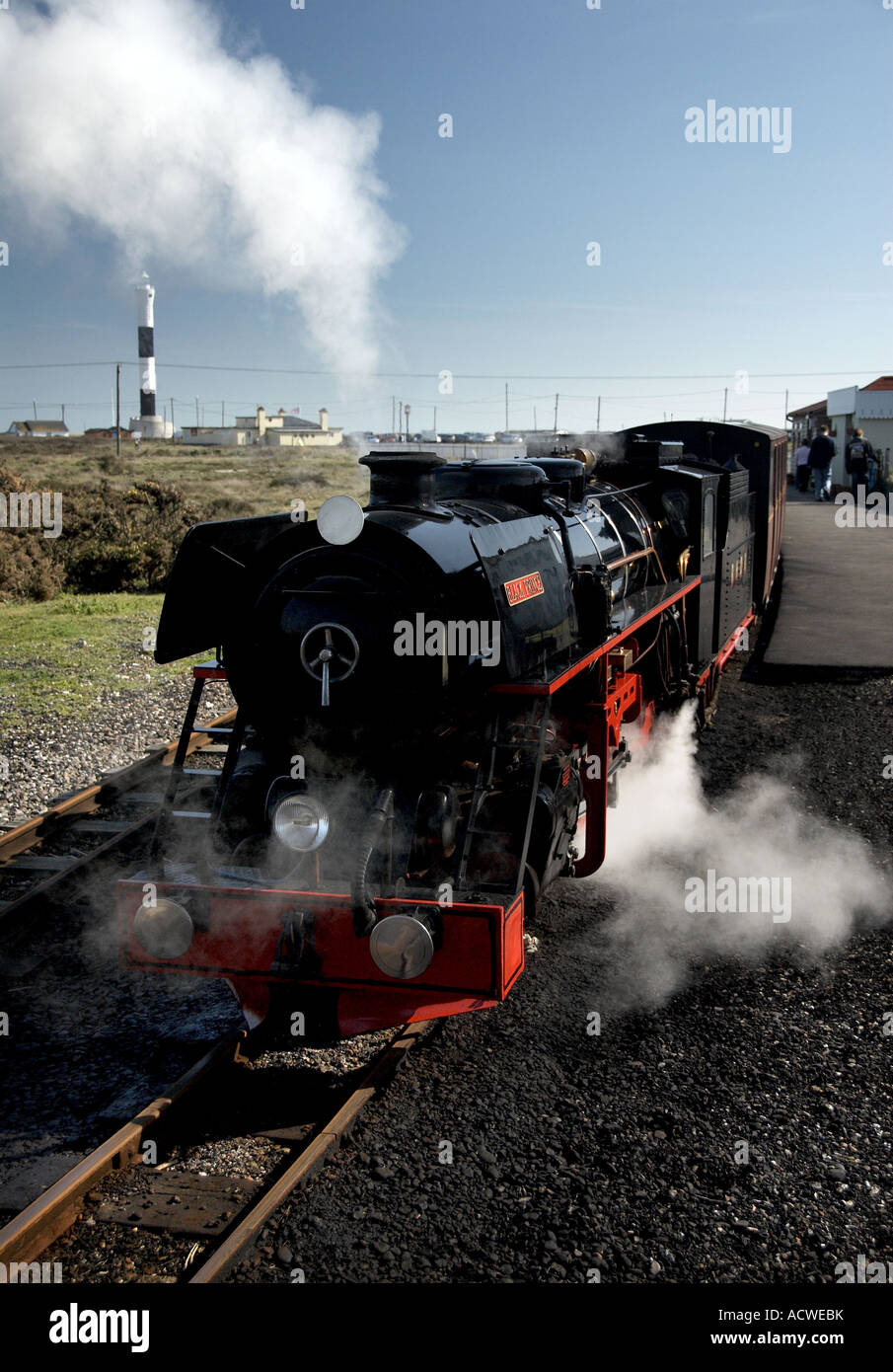 Train at Dungeness station; Romney, Hythe & Dymchurch Railway, Kent, UK ...