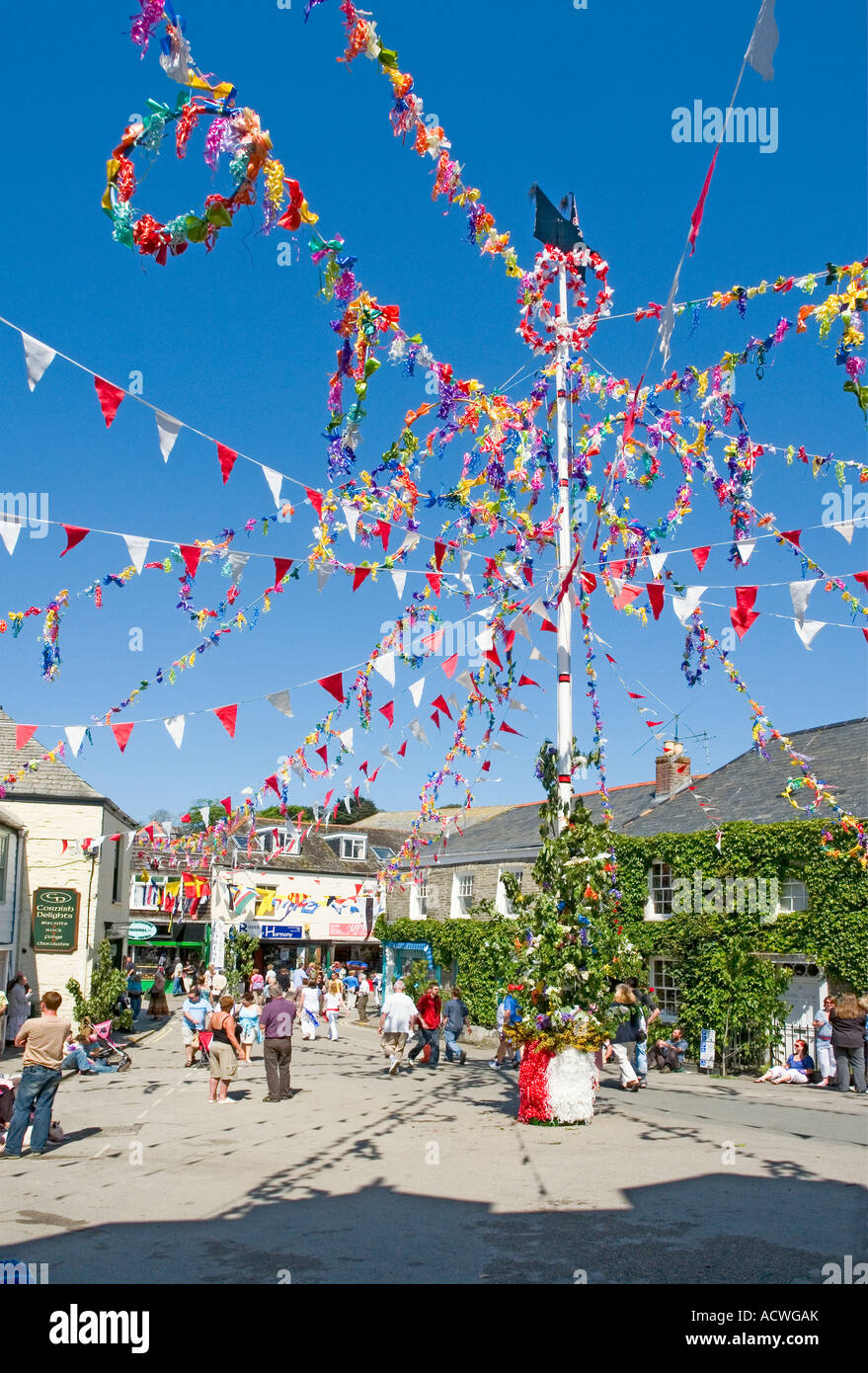 Maypole decorated for the May Day celebrations, Padstow, Cornwall ...