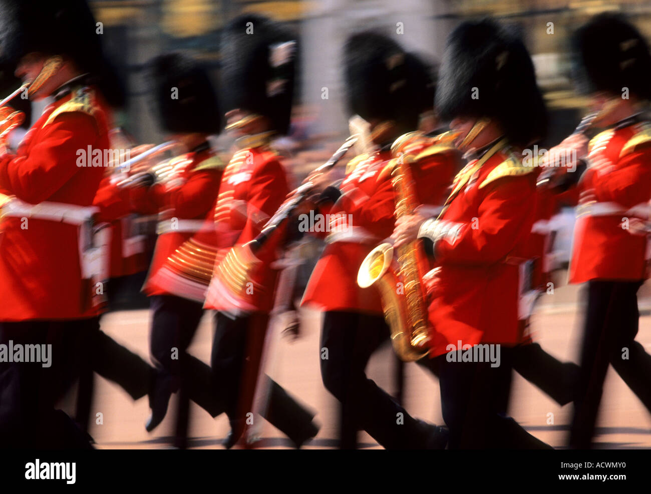Guards band marching to Changing of the Guard at Buckingham Palace ...