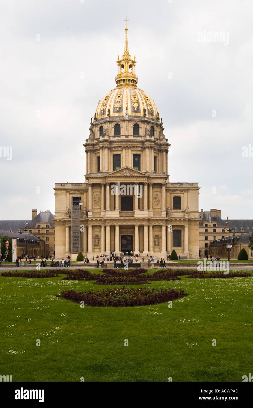 Color horizontal image of the Les Invalides seen behind a broad lawn in ...