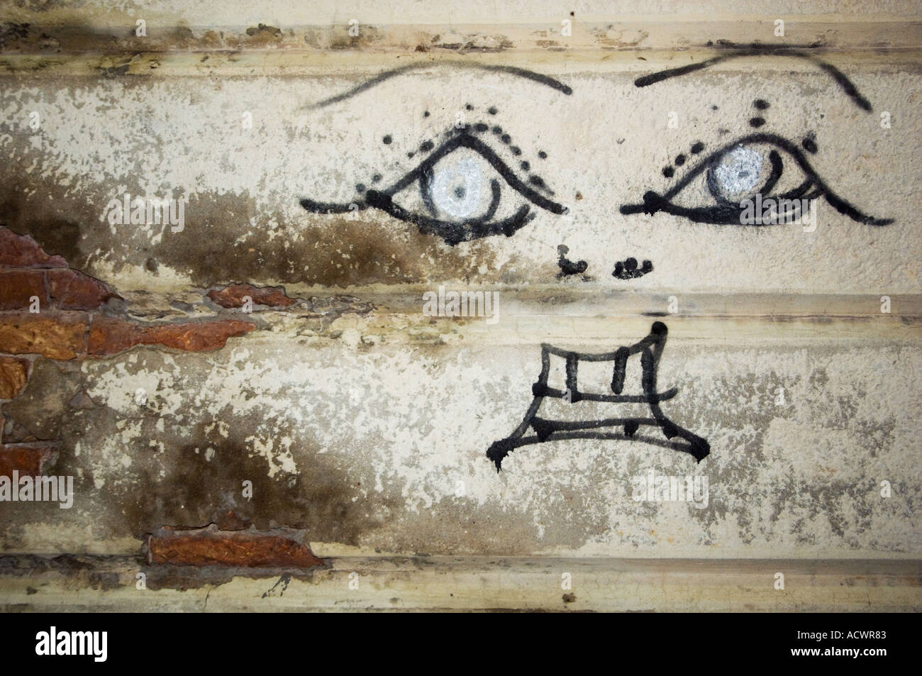Color horizontal image of a graffiti face spray painted on a worn brick ...