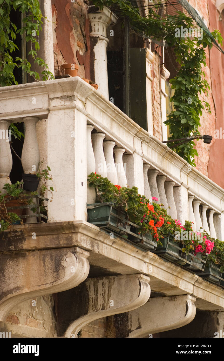 cement balcony on an Italian building in Venice with geraniums in ...