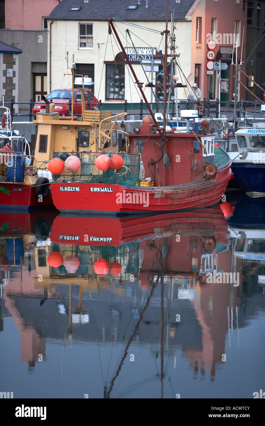 Kirkwall Harbour Orkney Scotland Fishing boats and buildings reflected ...