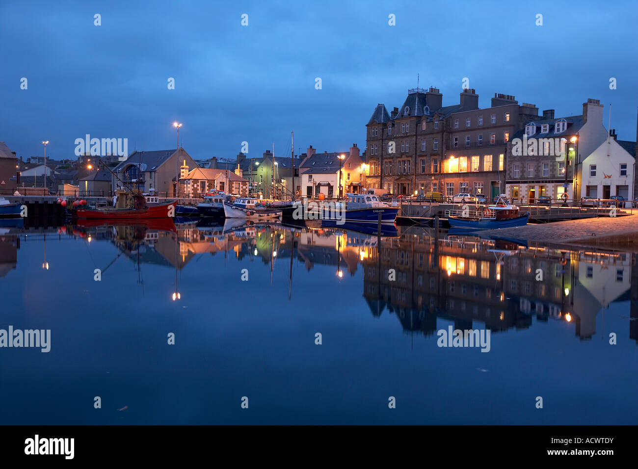 Kirkwall Harbour Orkney Scotland Fishing boats and buildings reflected ...