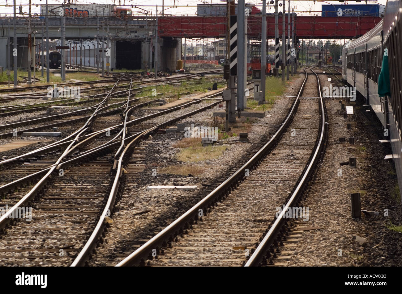 Color horizontal image of trains on train tracks at a switching station ...