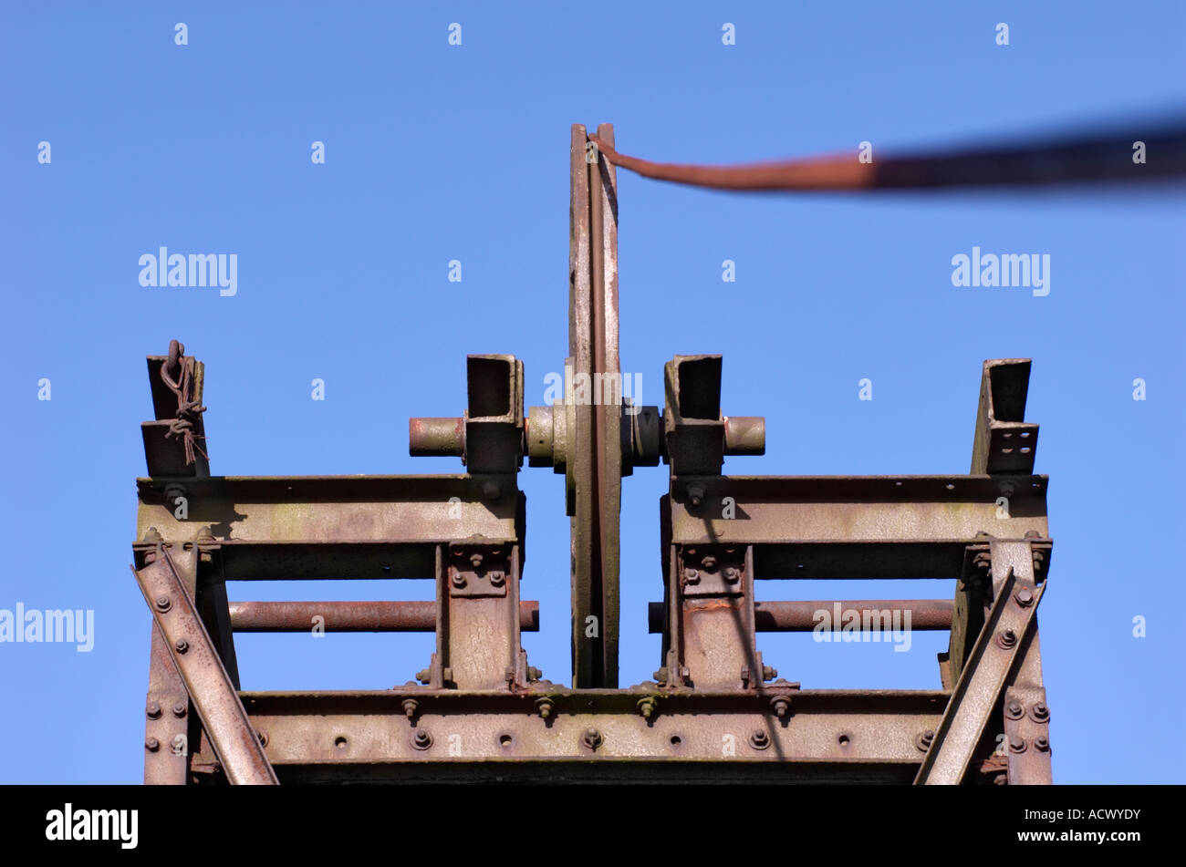 Headgear and wire cable on a mining cage for miners at Magpie Mine in ...
