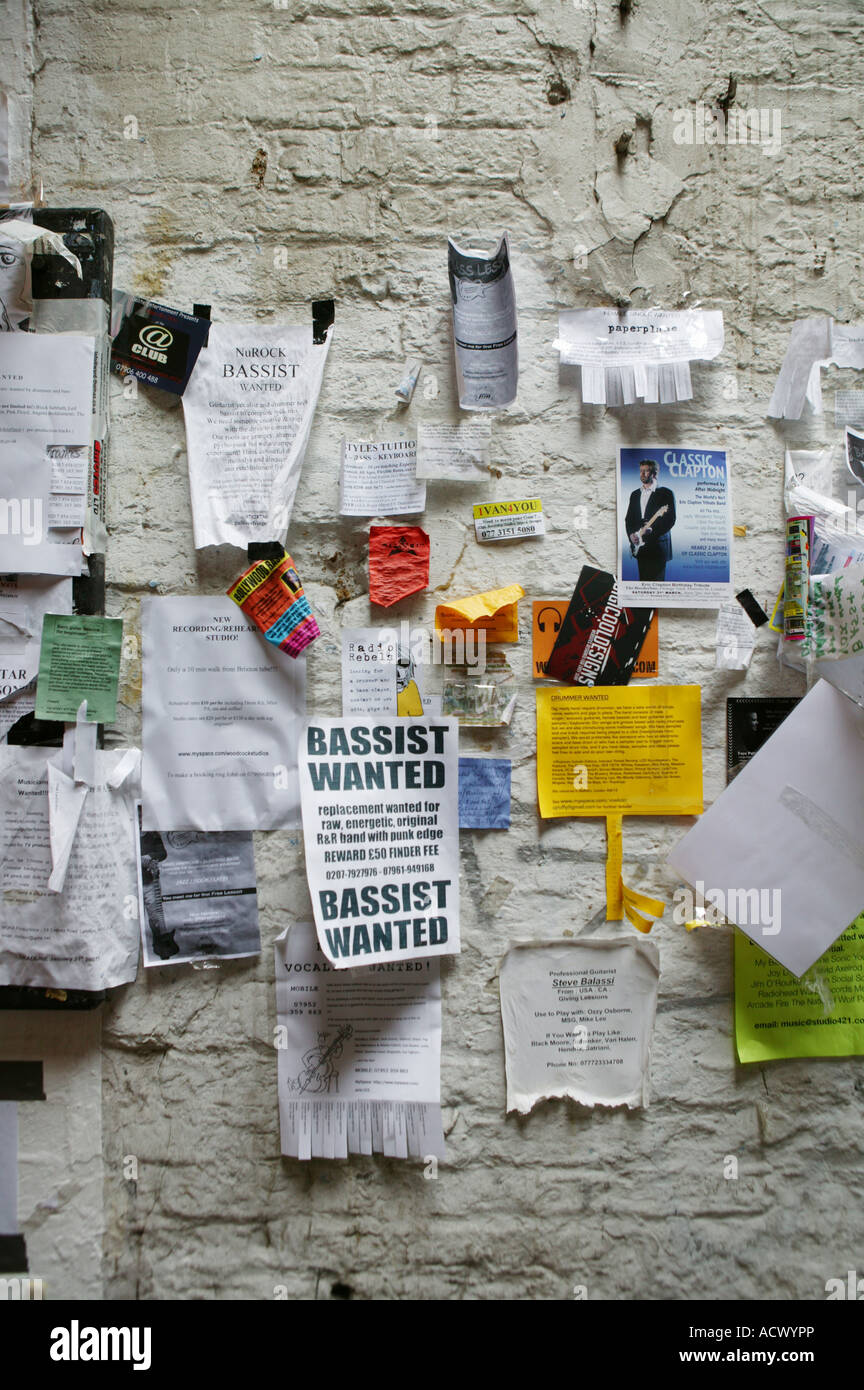 Musicians notice board in Denmark Street London showing ads for ...