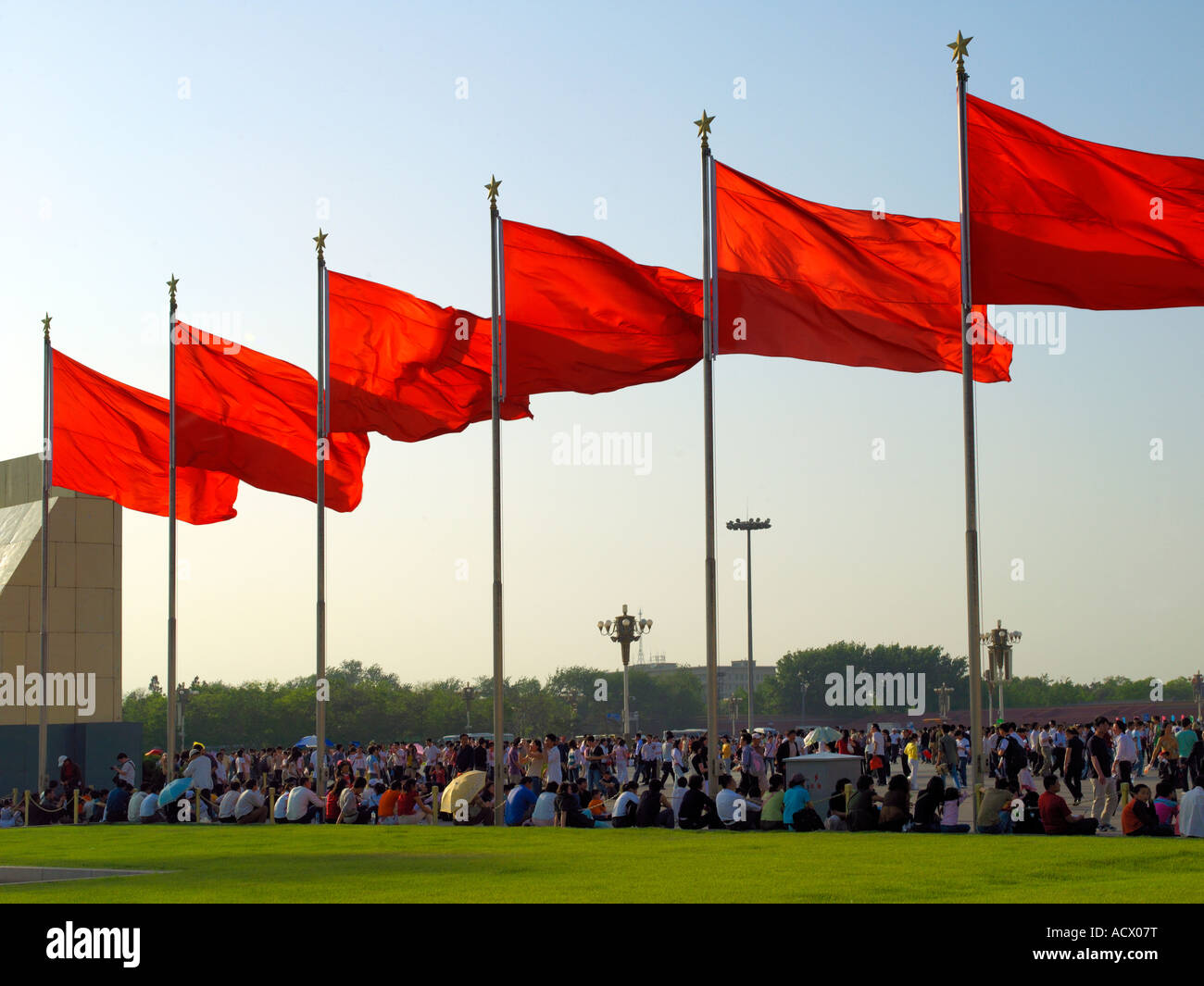 Tiananmen Square and big Mayday crowds below giant red flags Stock ...