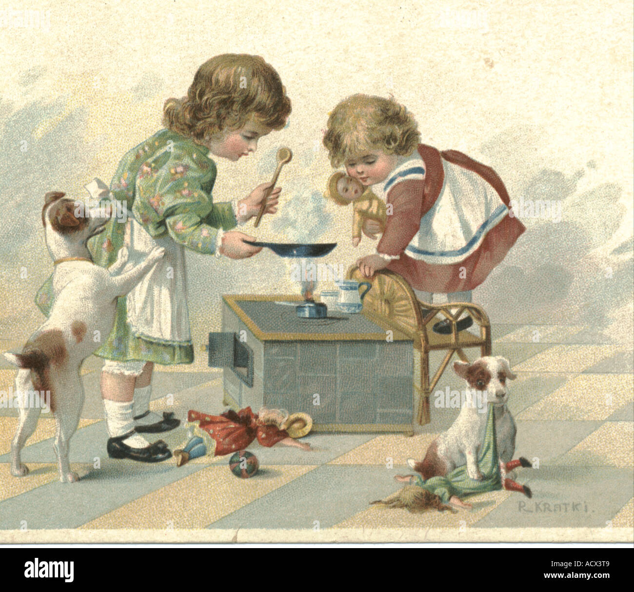 Greeting postcard of children playing at housewives circa 1905 Stock ...