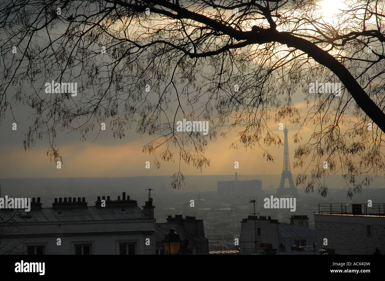 winter scene across paris towards the eiffel tower, from Montmartre ...