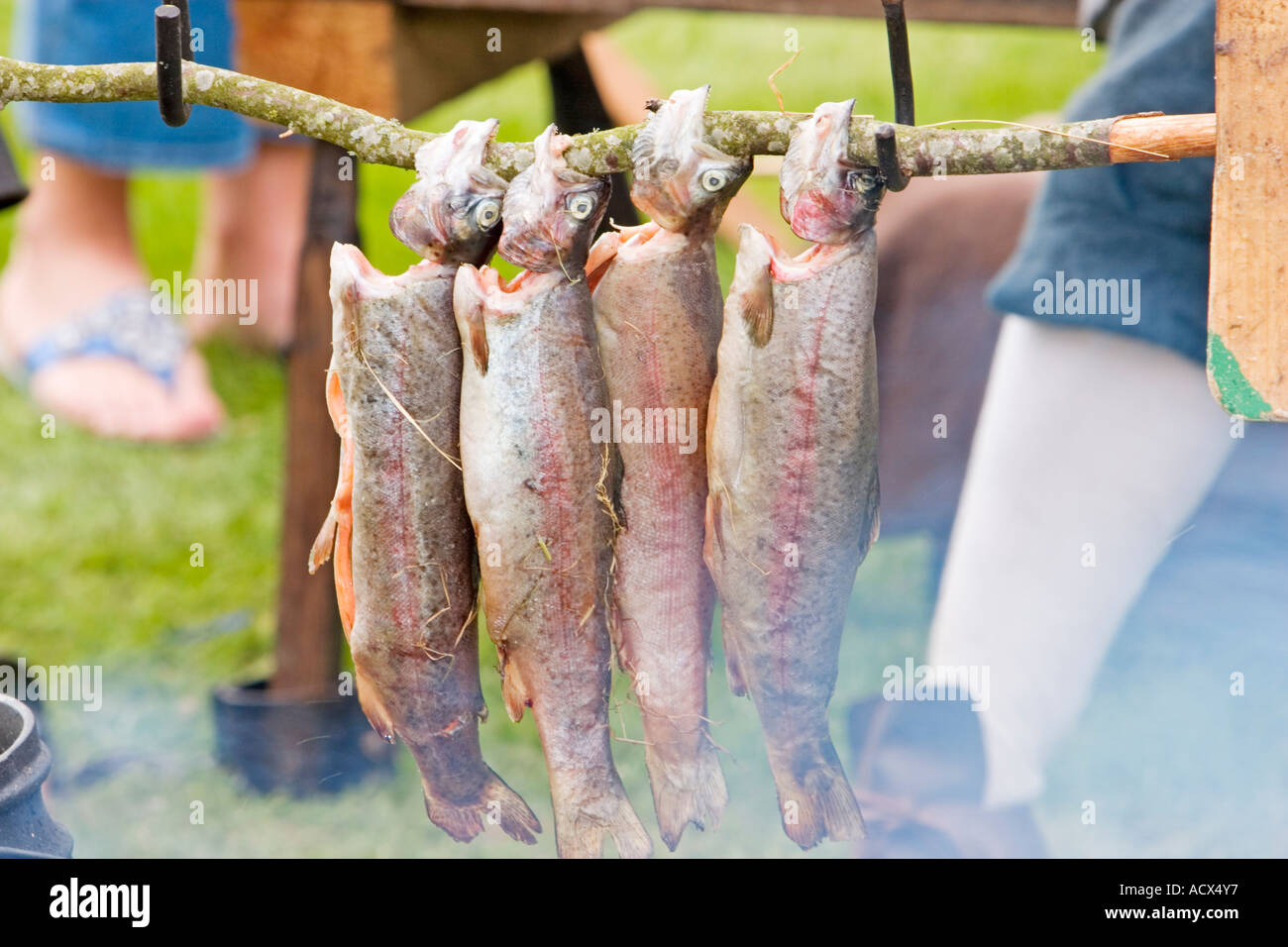 4 fish hang smoking over open fire during reenactment Stock Photo - Alamy