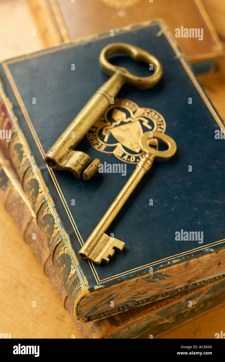 Two brass antique keys laying on antique leather bound books Stock ...
