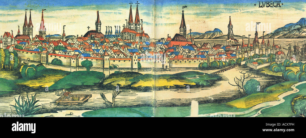geography/travel, Germany, Lübeck, view, coloured woodcut by Michael ...