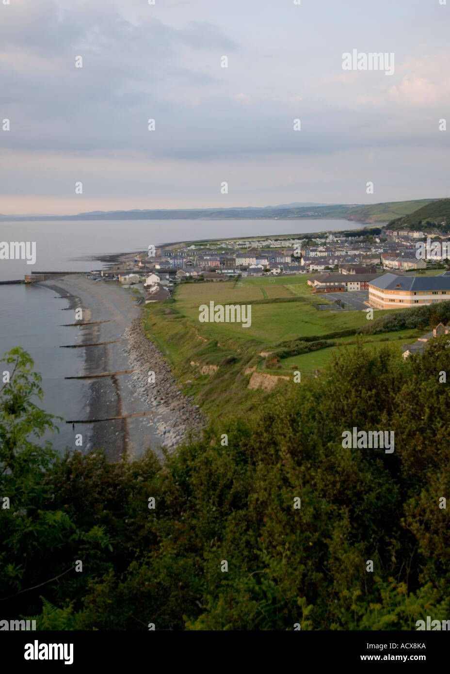 Aberaeron beach and town from the hillside above the town , west wales ...