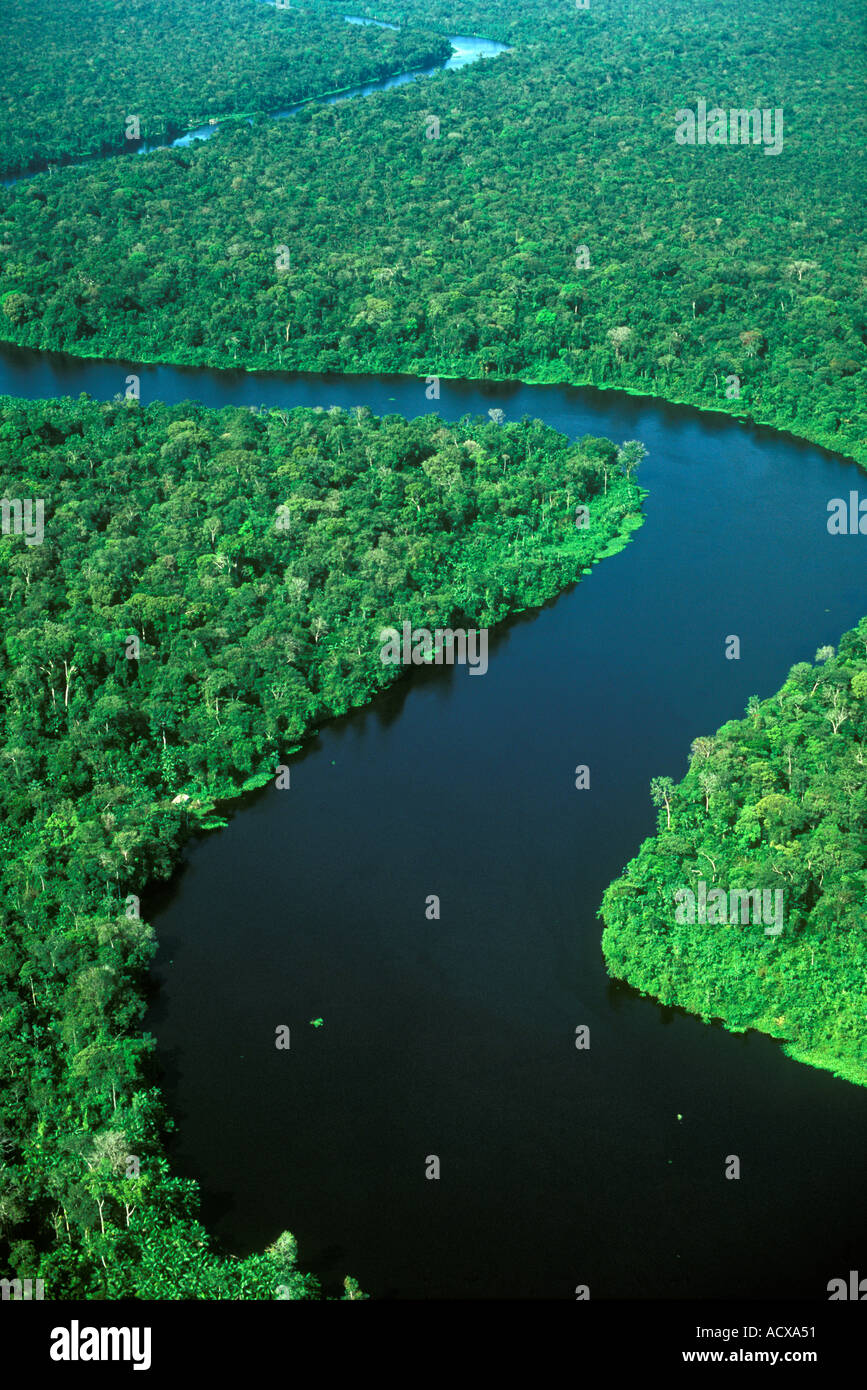 Aerial of winding river, tributary of Amazon River, in tropical ...