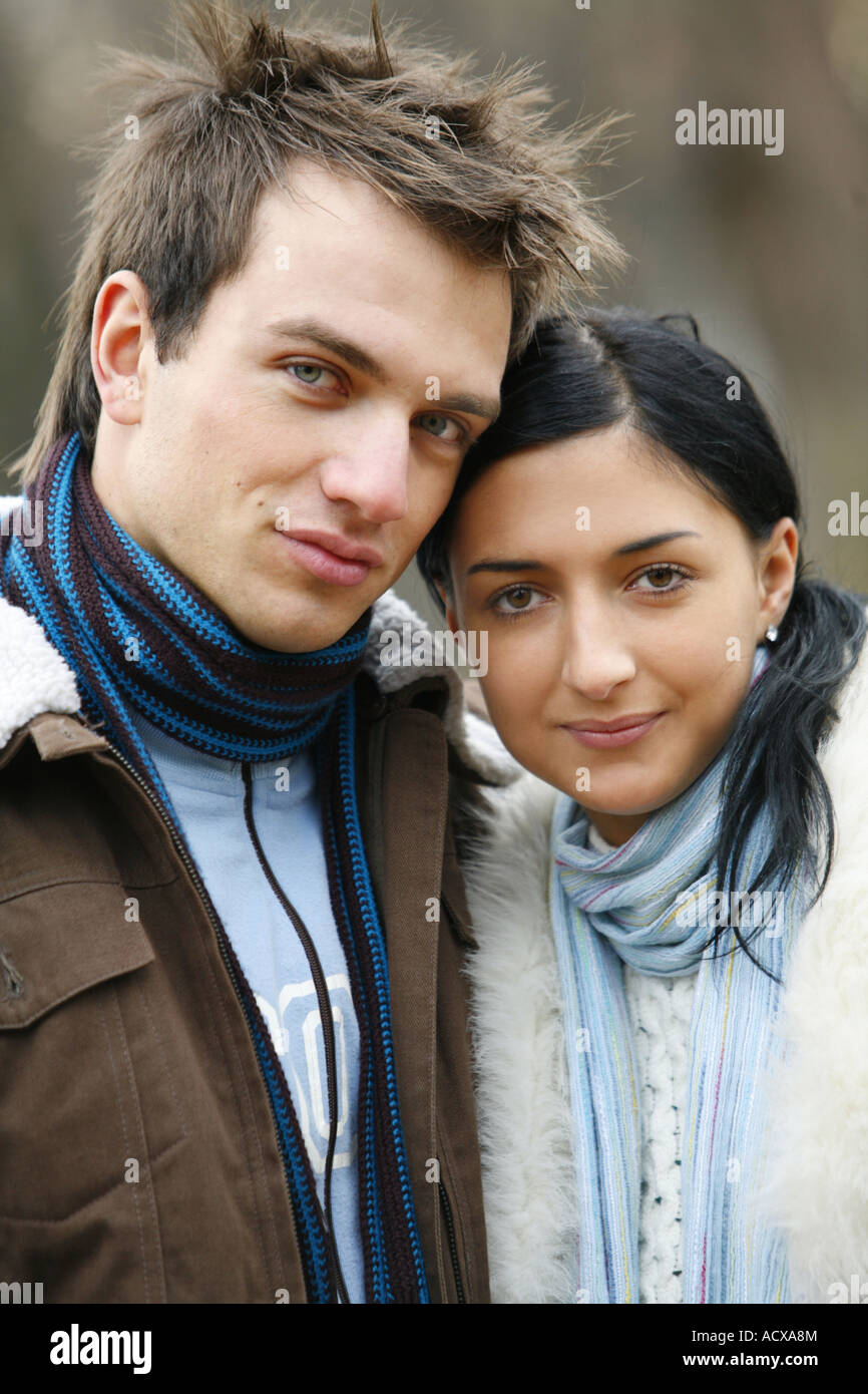 Portrait of a young couple in the autumn forest lifestyle Stock Photo ...