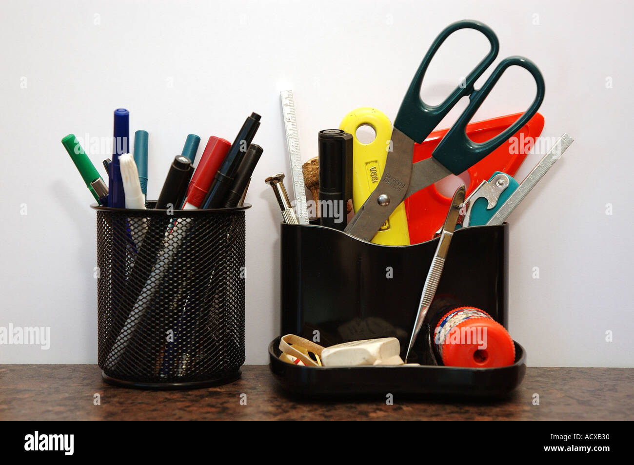 Office stationary equipment on desk Stock Photo - Alamy