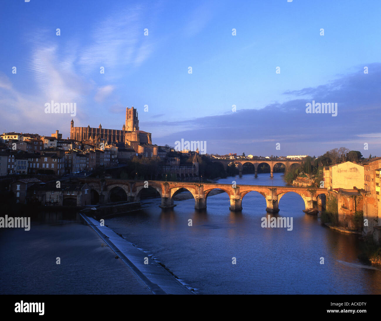 Albi general view with river Tarn Pont Vieux and Cathedral Languedoc ...