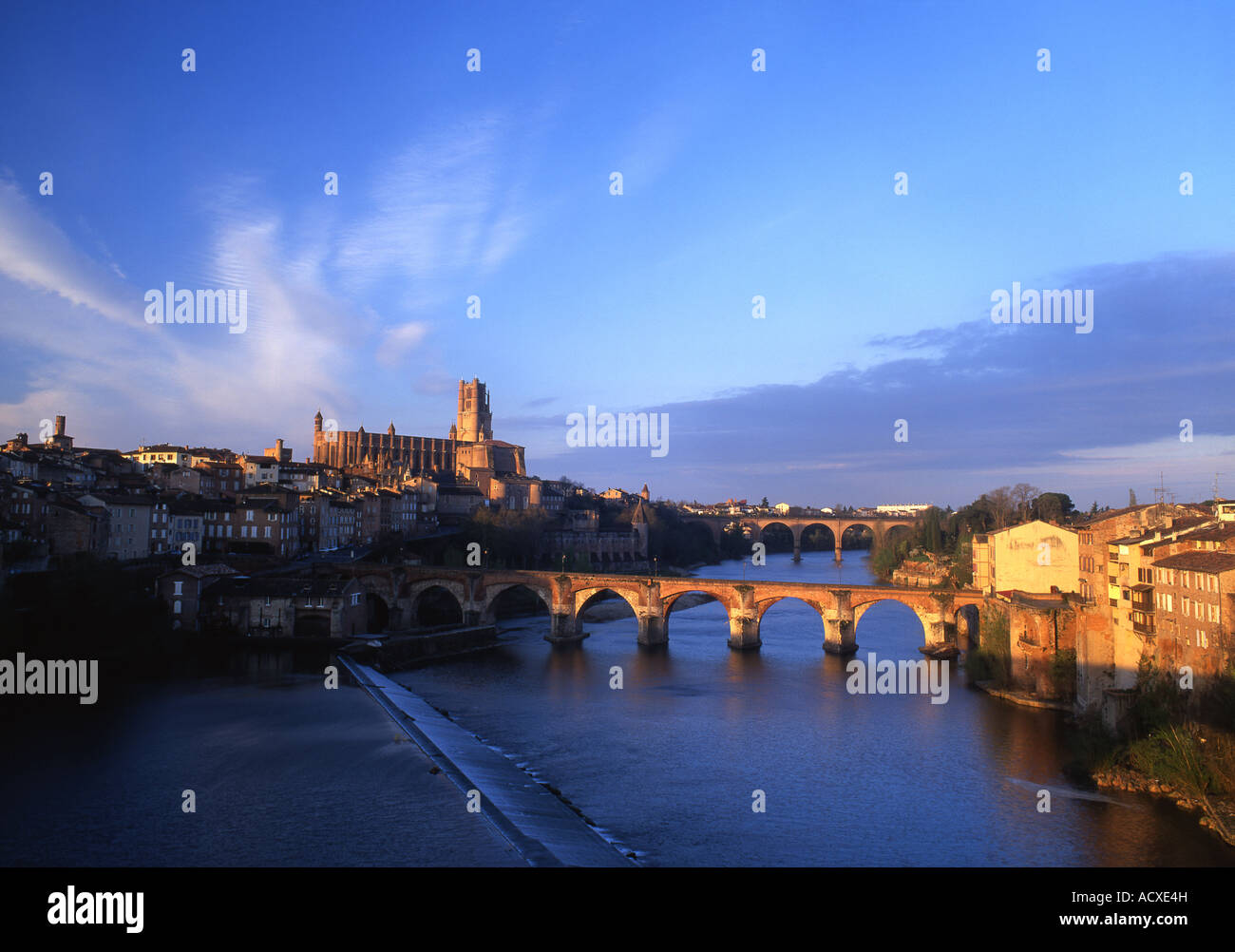 Albi general view with river Tarn Pont Vieux and Cathedral Languedoc ...