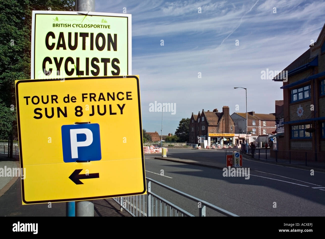 Road signs in place prior to the passage of the Tour de France cycle ...