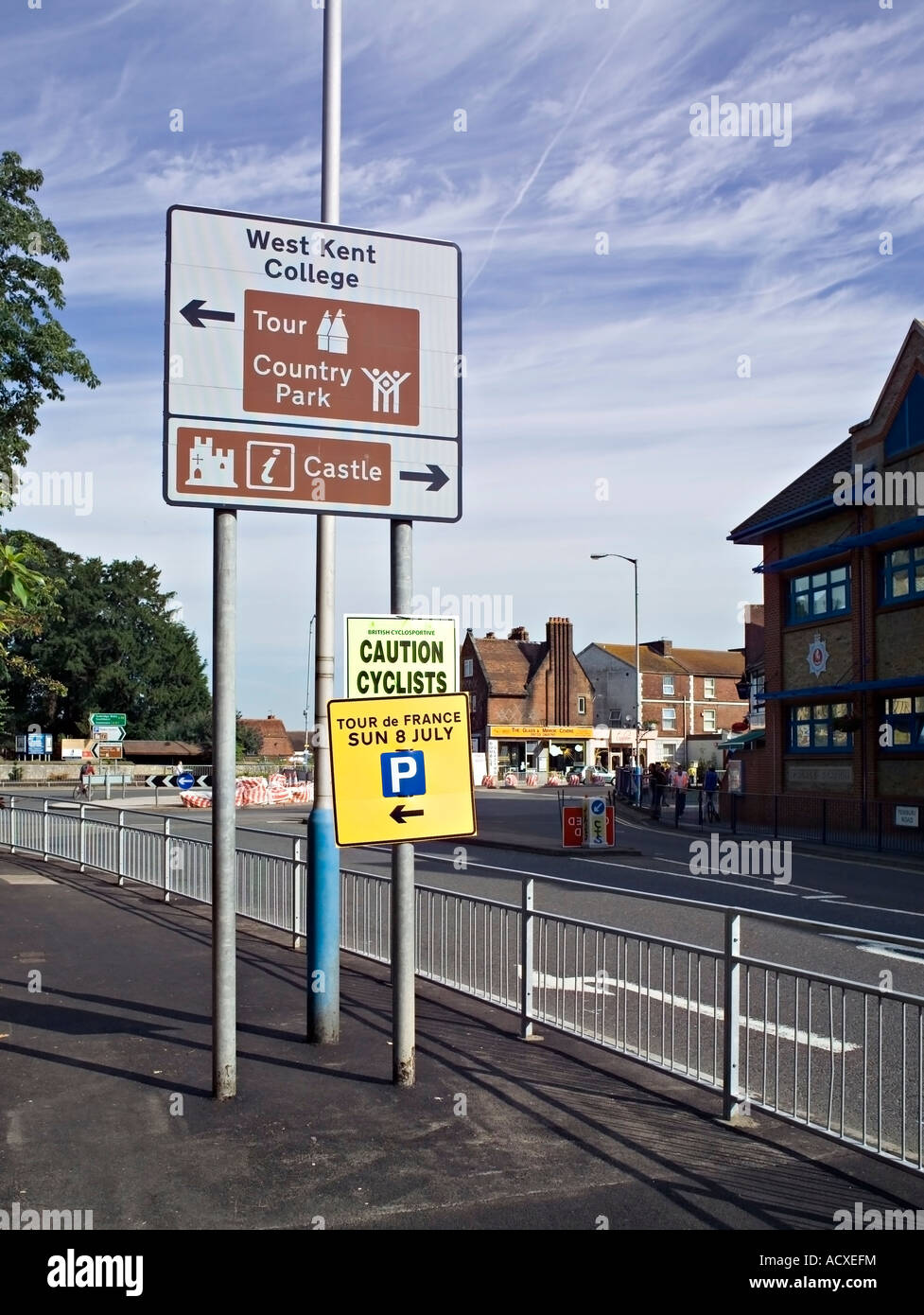 Road signs in place prior to the passage of the Tour de France cycle ...
