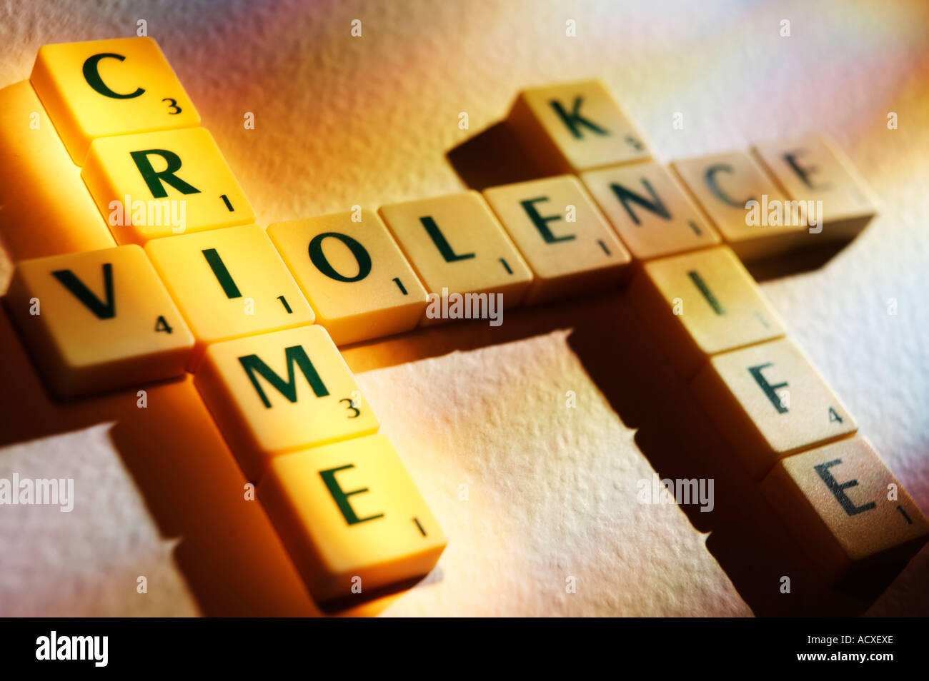 SCRABBLE BOARD GAME LETTERS SPELLING THE WORDS CRIME VIOLENCE KNIFE ...