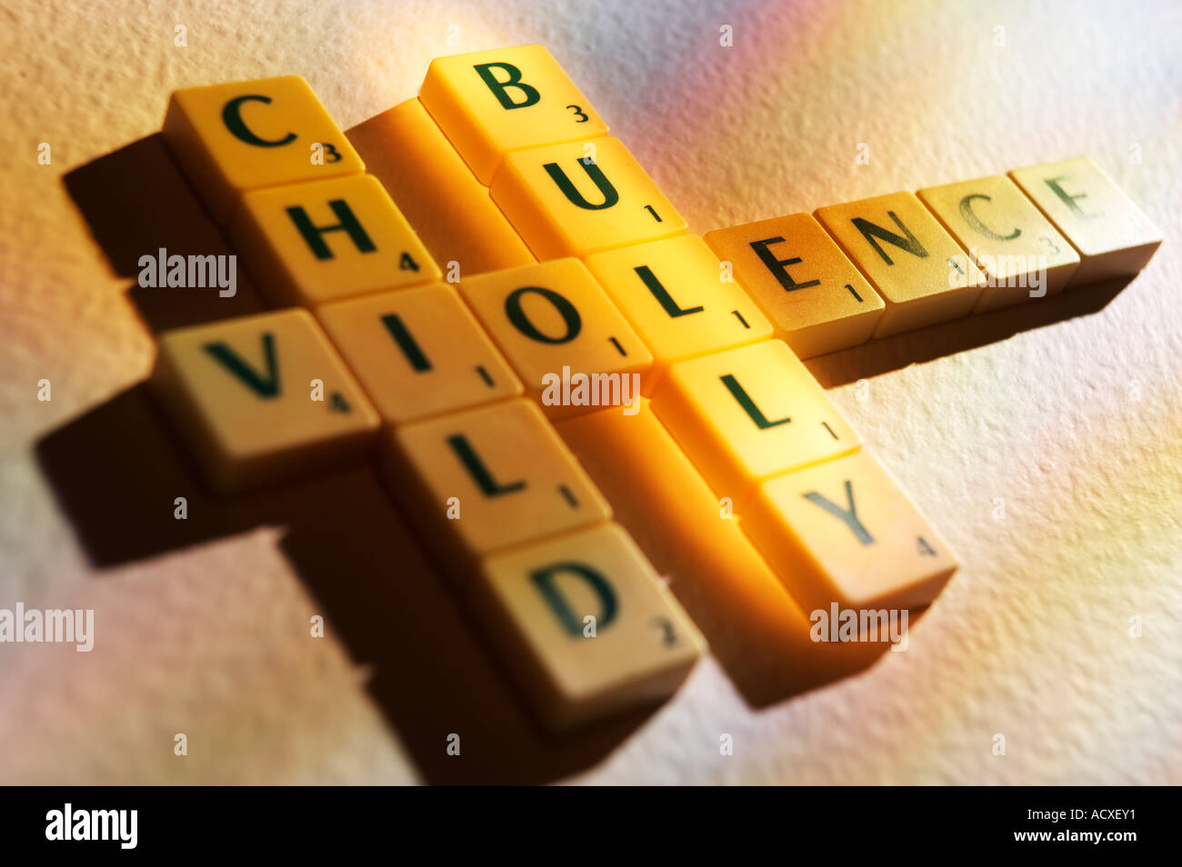 SCRABBLE BOARD GAME LETTERS SPELLING THE WORDS CHILD BULLY VIOLENCE ...