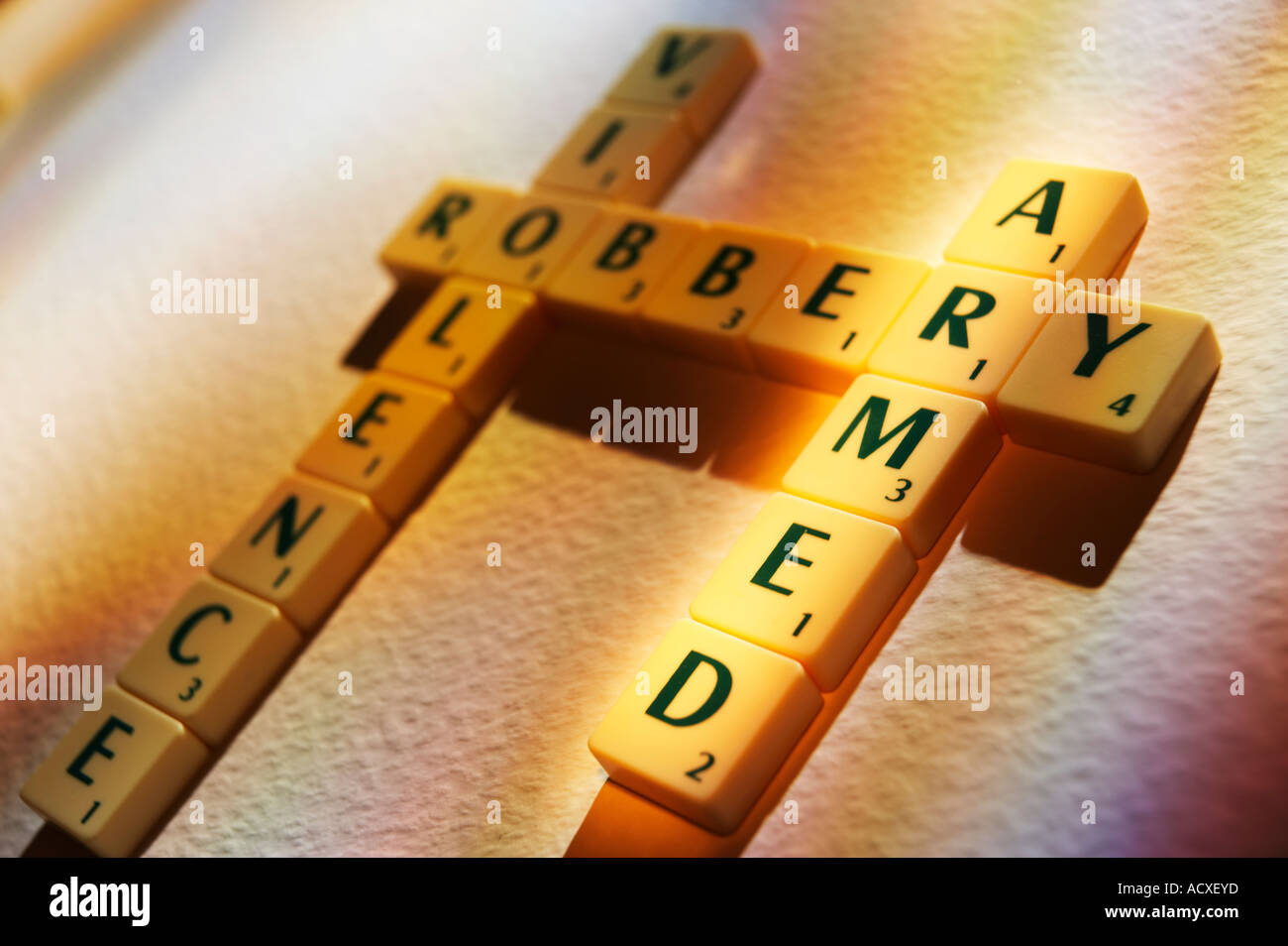 SCRABBLE BOARD GAME LETTERS SPELLING THE WORDS ARMED ROBBERY VIOLENCE ...