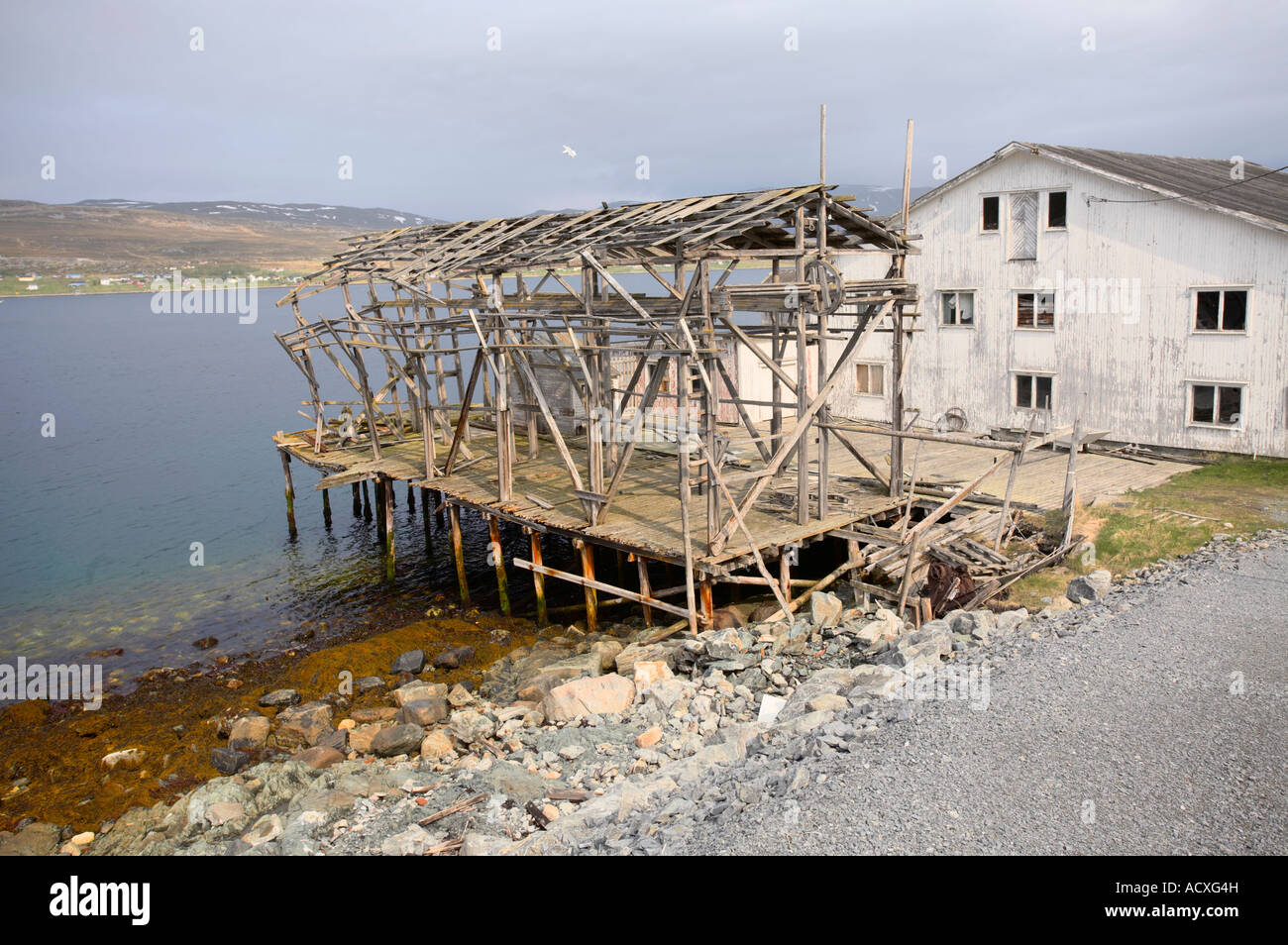 Abandoned fish factory in Kvalsund Fjord, Finnmark county, Norway ...