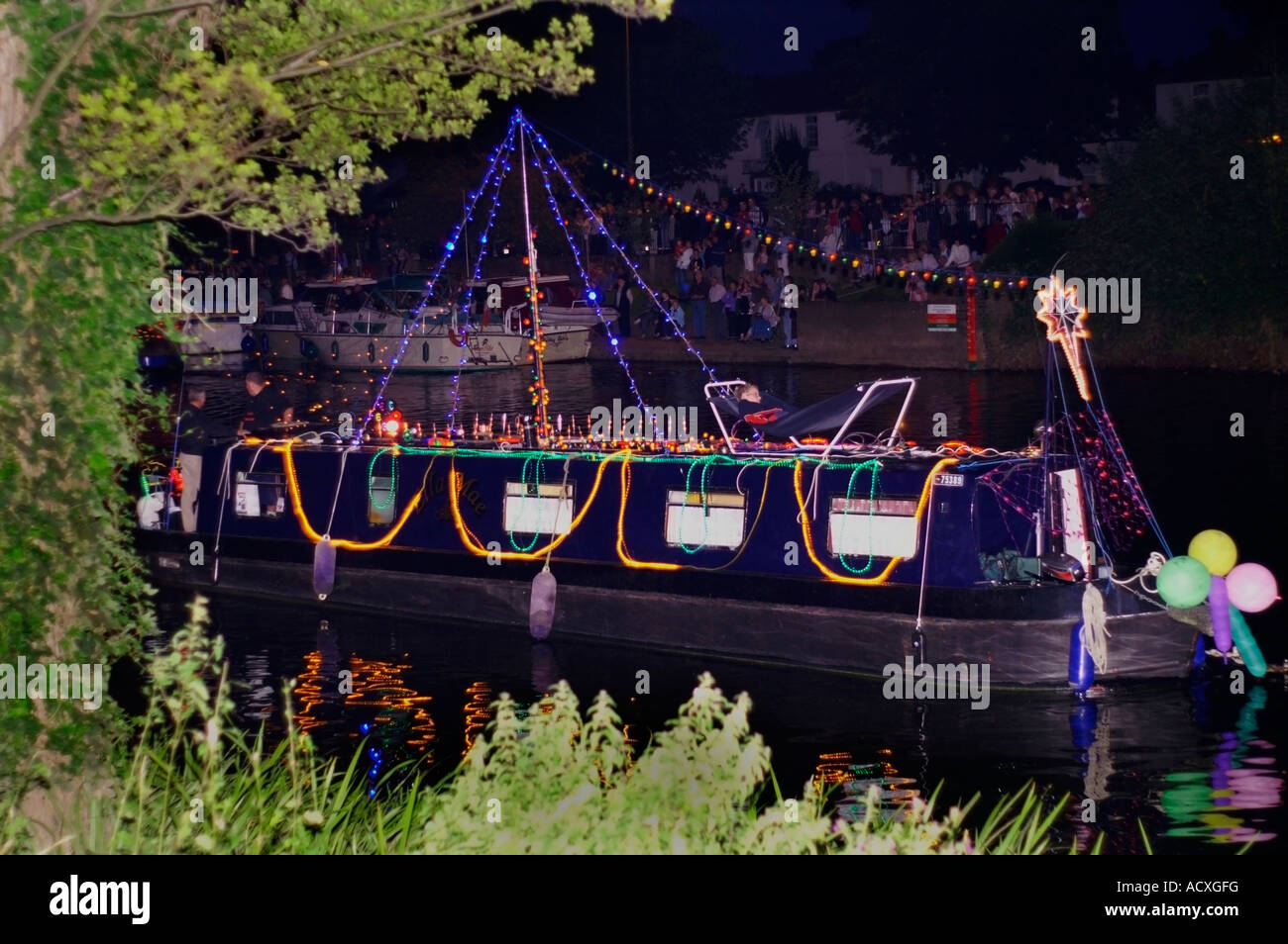 Worcestershire Evesham River Avon and illuminated boat during river ...