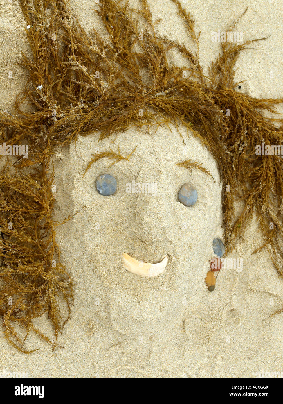 figure of a sad woman face sculptured on Sand with seaweed alga as hair ...