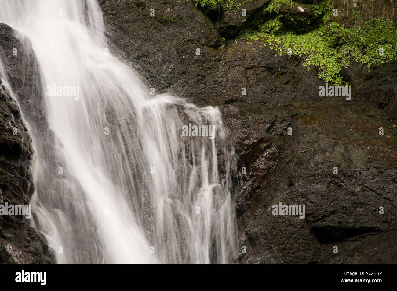 Detail of waterfall showing fluidity of water in contrast to solidity ...