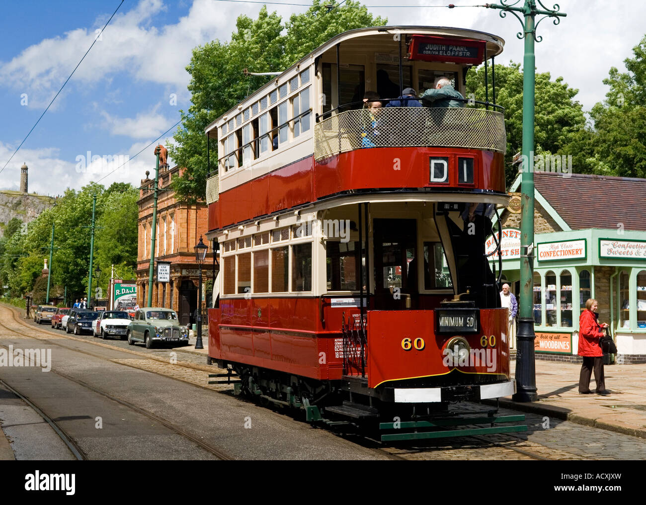 Red tram at Crich Tramway Museum near Matlock in Derbyshire England UK ...