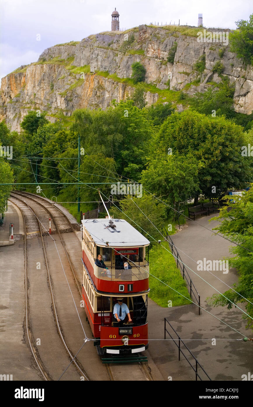 Red tram at Crich Tramway Museum near Matlock in Derbyshire England UK ...