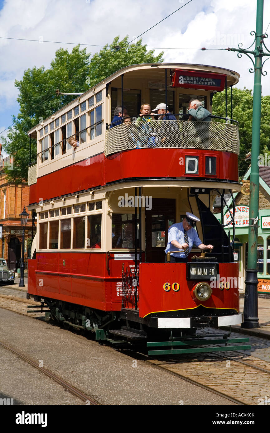Red tram at Crich Tramway Museum near Matlock in Derbyshire England UK ...