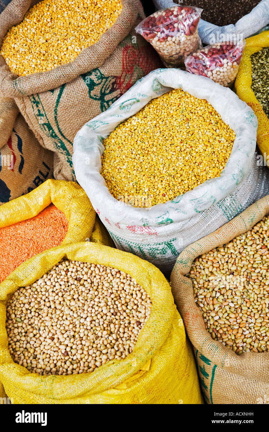 Grains for sale in one of many outdoor markets in Kathmandu Nepal Stock ...