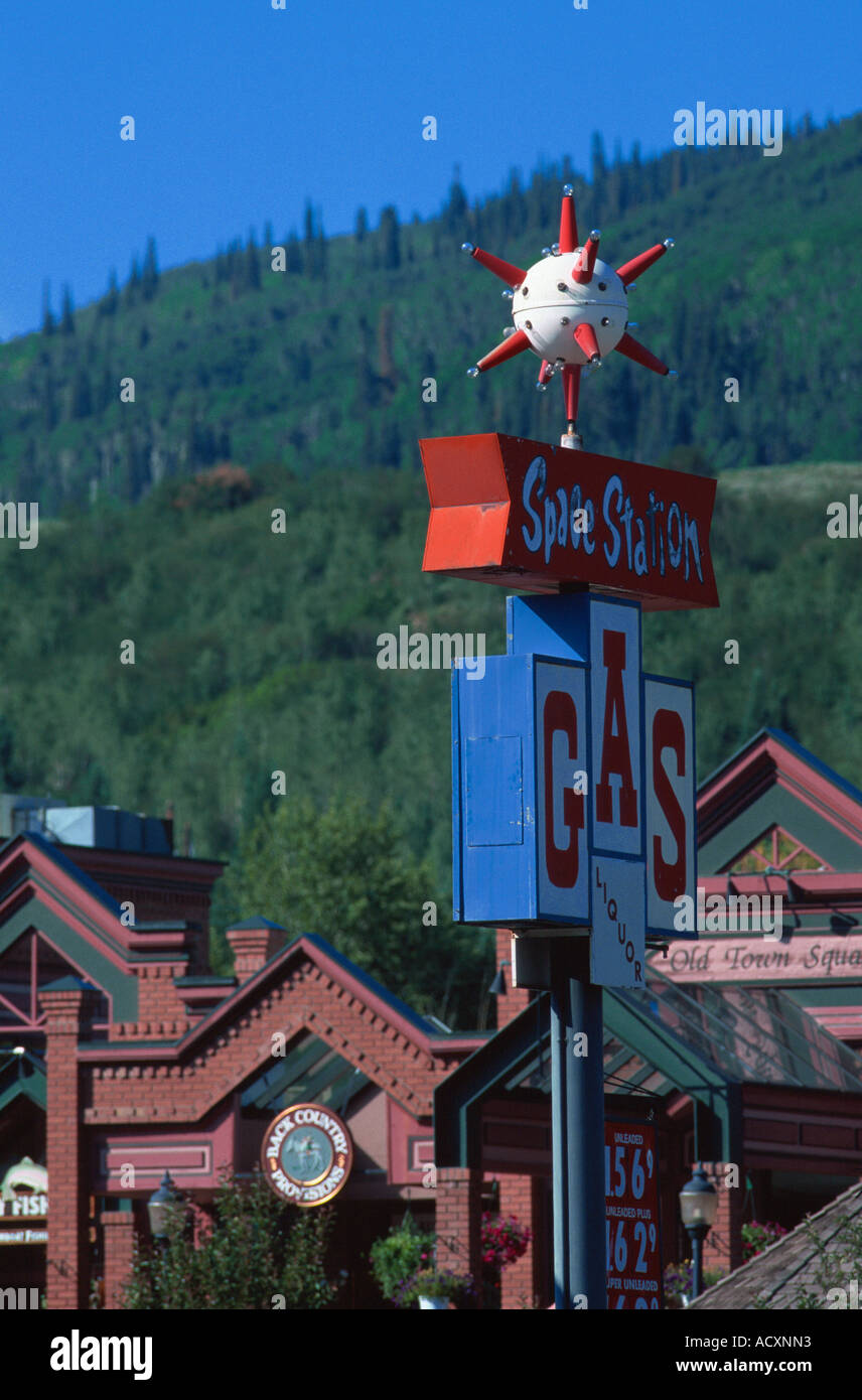Space Station Gas sign downtown buildings on Lincoln Avenue US hwy 40 ...