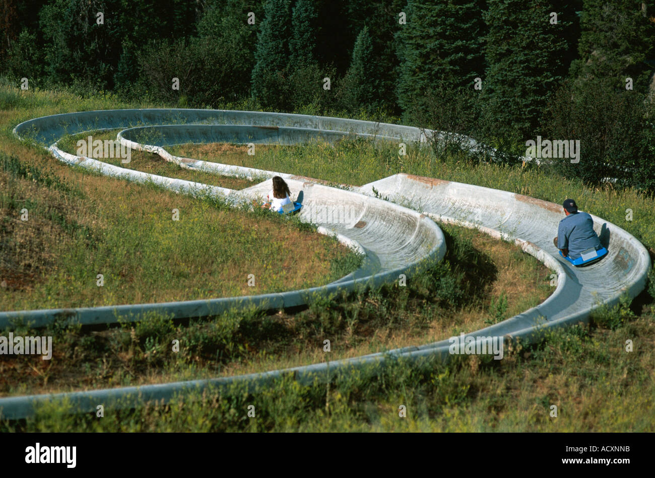 Couple going down The Howler alpine Slide Howelsen Hill Steamboat ...