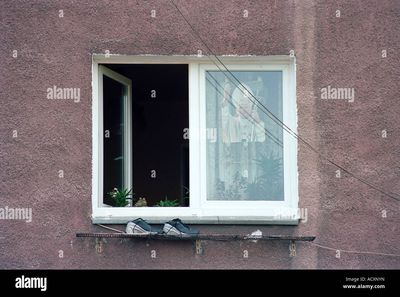 The image of Pope John Paul II in a window during the Feast of Corpus ...